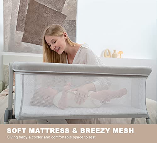 ANGELBLISS Baby Bassinet Bedside Sleeper, Easy Folding Portable Bassinet for Baby with Wheels, Adjustable Height, Included Mattress