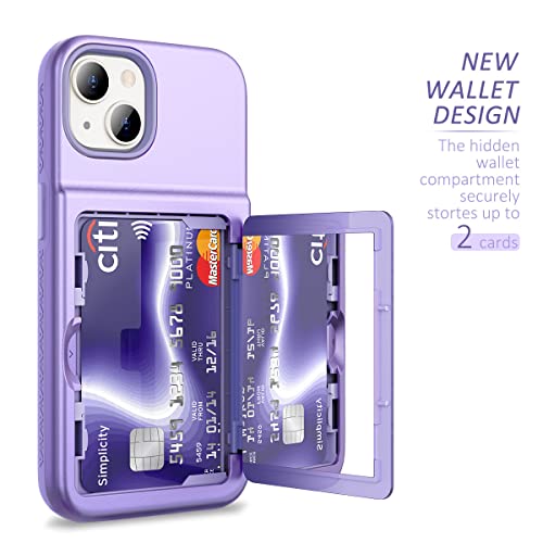 WeLoveCase for iPhone 13 / iPhone 14 Wallet Case with Credit Card Holder & Hidden Mirror, Two Layer Shockproof Heavy Duty Protection Cover Protective Case for iPhone 13/14 6.1 Inch - Light Purple