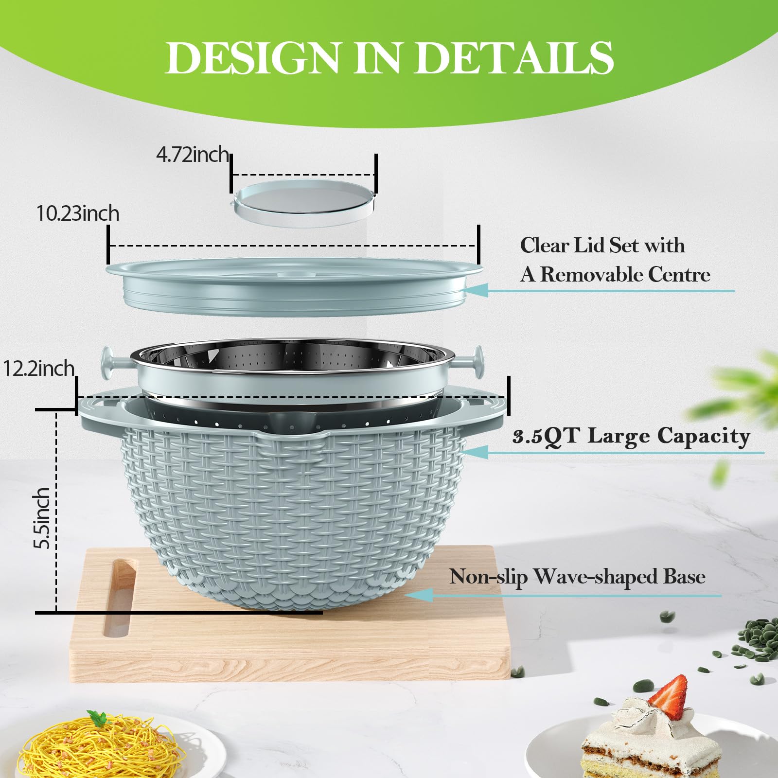 4-1 Colander with Bowl Set - Strainers for Kitchen, Food Strainers and Colanders, Pasta Strainer, Rice Strainer, Fruit Cleaner, Veggie Wash, Aesthetic Cooking Present Kitchen Essentials - Blue