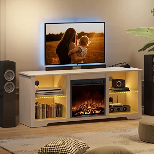 Rolanstar Fireplace TV Stand with LED Lights and Power Outlets, TV Console for 43" 50" 55" 60" 65", Entertainment Center with Adjustable Glass Shelves, White