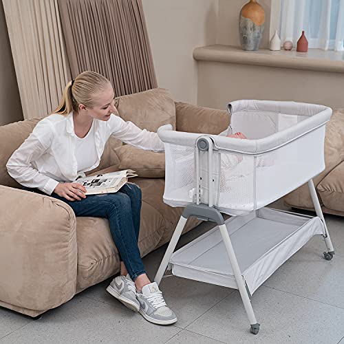 ANGELBLISS Baby Bassinet Bedside Sleeper, Easy Folding Portable Bassinet for Baby with Wheels, Adjustable Height, Included Mattress