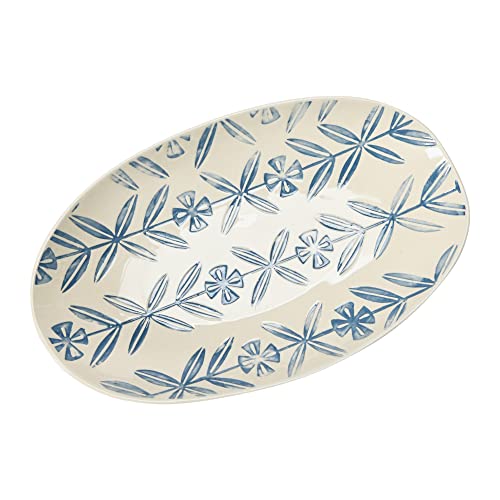 Creative Co-Op Hand-Painted and Debossed Stoneware Platter Serving Tray Serveware, 12.25", Blue & White