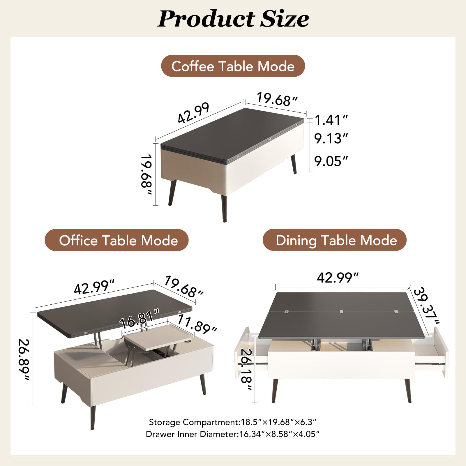 GraceNook Grey Lift Top Coffee Table, Coffee Table Converts to Dining Table, Lift Top Coffee Table with Storage and Drawers for Living Room, Bedroom