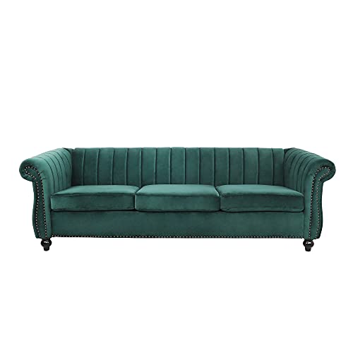NOSGA 84” Chesterfield Fabric 3 Seater Couch Furniture, Velvet Deep Stripe Chesterfield Tufted Sofa Couch, Upholstered Sofa Couches with Nailhead Trim Scroll Arms for Living Room(Dark Green)