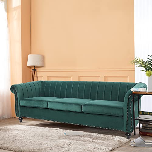 NOSGA 84” Chesterfield Fabric 3 Seater Couch Furniture, Velvet Deep Stripe Chesterfield Tufted Sofa Couch, Upholstered Sofa Couches with Nailhead Trim Scroll Arms for Living Room(Dark Green)