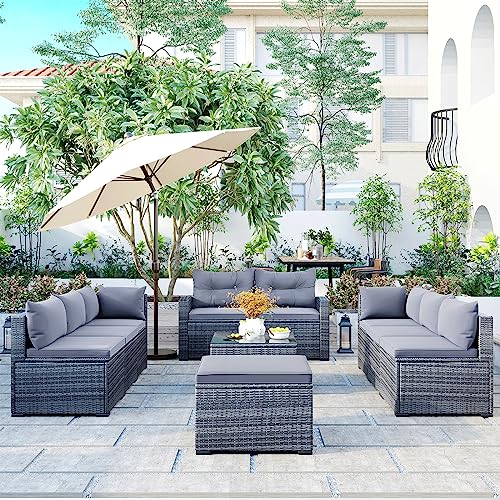 KASUE Outdoor PE Wicker Sofa 9-Piece Set - Perfect for Outdoor Spaces, Gardens, and Poolside, Gray Wicker, Gray Cushion
