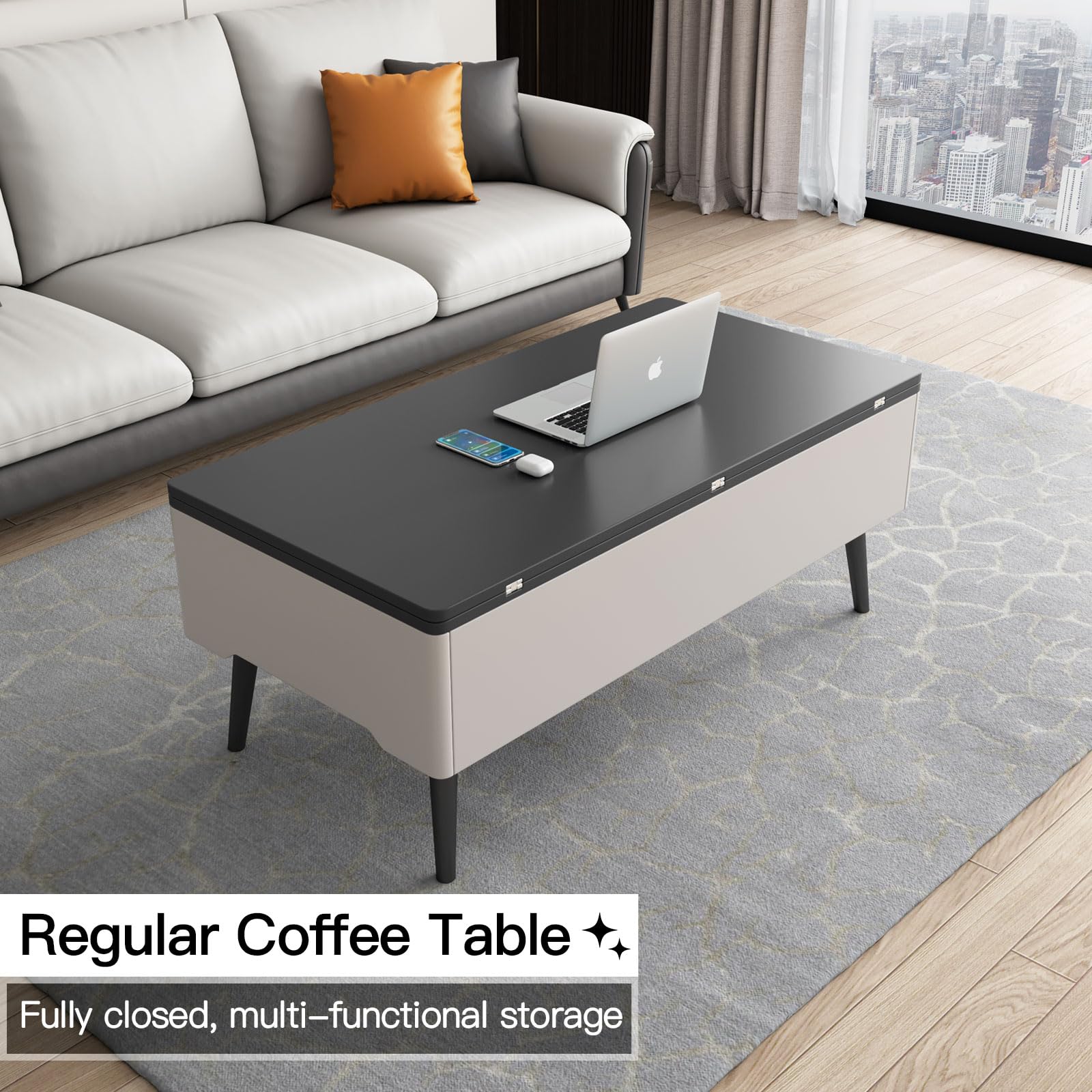 GraceNook Grey Lift Top Coffee Table, Coffee Table Converts to Dining Table, Lift Top Coffee Table with Storage and Drawers for Living Room, Bedroom