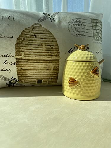 heart & home Ceramic Honey Jar with Dipper 14 oz, Honey Pot with Lid and Wood Dipper, Yellow