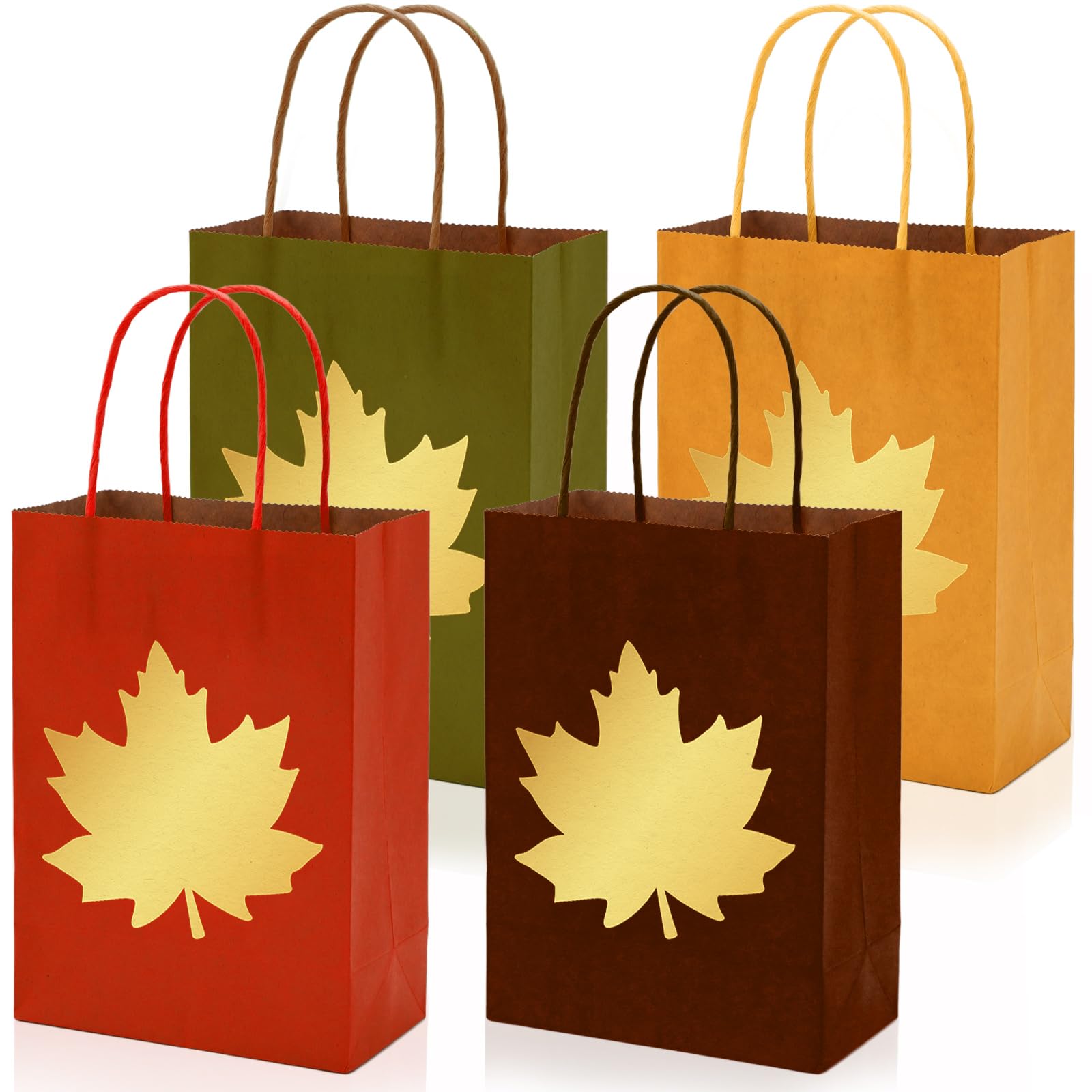 Whaline 24 Pcs Fall Theme Gift Bags Reusable Colorful Treat Bags with Gold Maple Leaf Grocery Shopping Kraft Paper Bags Candy Goodies Bags for Autumn Holiday Wedding Birthday Party Favors Supplies