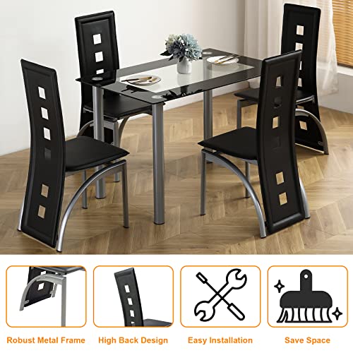 HomVent Dining Table Set for 4, Small Tempered Glass Dining Room Table Set, Kitchen Table and Chairs for Small Spaces, Transparent,White Modern 110cm, Stainless Steel PU Leather (Transparent & Black)