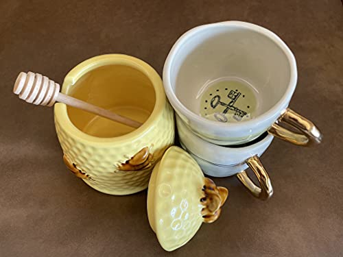heart & home Ceramic Honey Jar with Dipper 14 oz, Honey Pot with Lid and Wood Dipper, Yellow