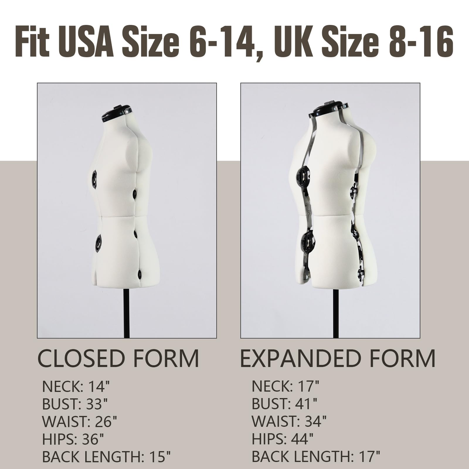 PDM WORLDWIDE Beige Adjustable Dress Form Mannequin for Sewing Female Size 6-14, Pinnable Model Body with 13 Dials, Detachable Casters, 42.5"-60" Height Range for Clothing Display, Small to Medium