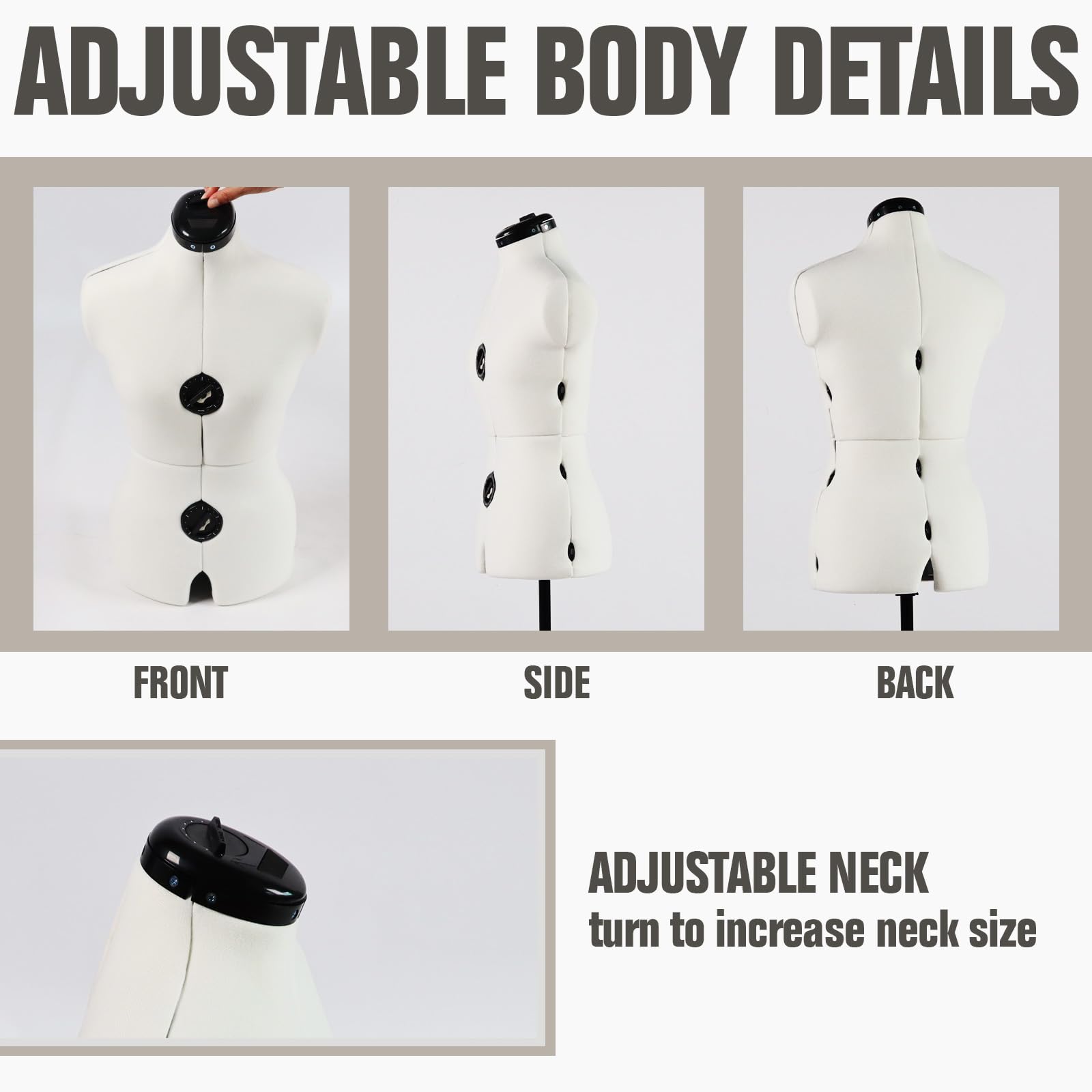 PDM WORLDWIDE Beige Adjustable Dress Form Mannequin for Sewing Female Size 6-14, Pinnable Model Body with 13 Dials, Detachable Casters, 42.5"-60" Height Range for Clothing Display, Small to Medium