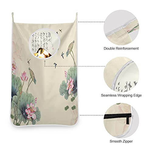 xigua Chinese Watercolor Style Lotus Hanging Laundry Hamper Bag, Hanging Laundry Basket for Holding Dirty Clothes, Space Saving Hanging Laundry Bag with Free Adjustable Steel & Suction Cup Hooks 1PCS
