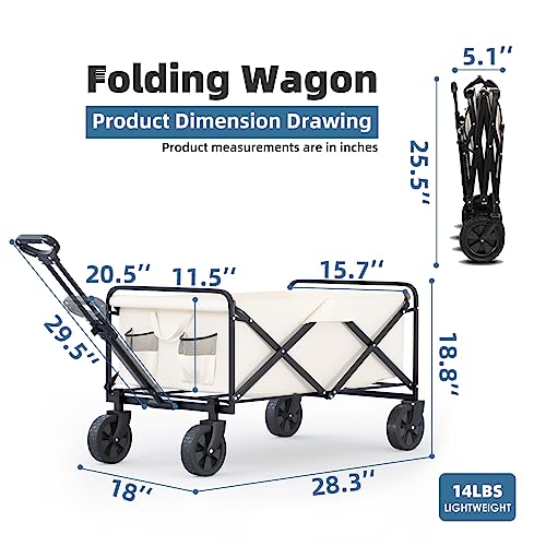 Collapsible Foldable Beach Wagon Carts with 360° Rotating Wheels for All Terrain, Utility Small Heavy Duty Wagon with 300LBS Capacity for Grocery, Sand, Garden, Outdoor, Camping (Khaki)