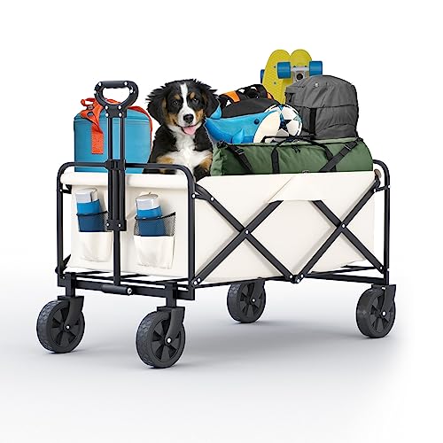 Collapsible Foldable Beach Wagon Carts with 360° Rotating Wheels for All Terrain, Utility Small Heavy Duty Wagon with 300LBS Capacity for Grocery, Sand, Garden, Outdoor, Camping (Khaki)