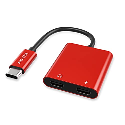 AGVEE S21 S20 Dual USB-C Headphones & Charging Adapter, Duo Type-C Audio Earbuds & PD Charger Splitter, USBC Earphone Jack Dongle for Samsung S21 S20, Note 20 10, iPad Pro, Pixel 2 3 4 5 XL, Red