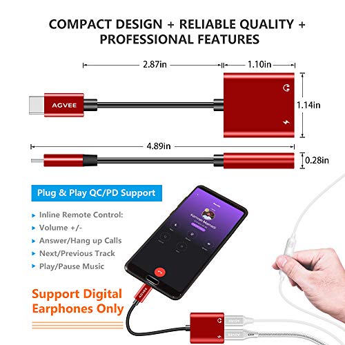 AGVEE S21 S20 Dual USB-C Headphones & Charging Adapter, Duo Type-C Audio Earbuds & PD Charger Splitter, USBC Earphone Jack Dongle for Samsung S21 S20, Note 20 10, iPad Pro, Pixel 2 3 4 5 XL, Red