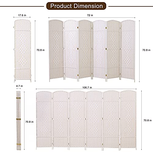 Duraspace 6 Panels Room Divider 6 FT Tall Weave Fiber Privacy Screen Freestanding Double Hinged Folding Screen Extra Wide Room Dividers for Patio Privacy (Off White)