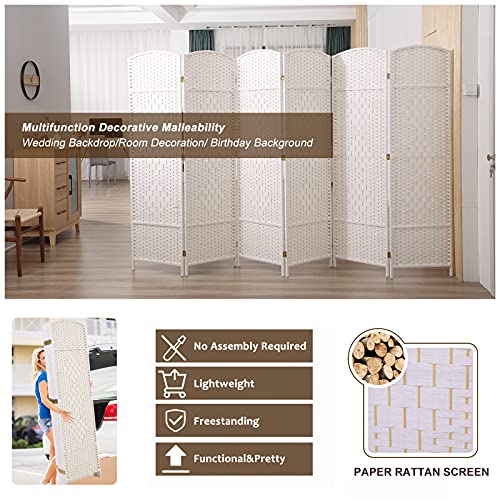 Duraspace 6 Panels Room Divider 6 FT Tall Weave Fiber Privacy Screen Freestanding Double Hinged Folding Screen Extra Wide Room Dividers for Patio Privacy (Off White)