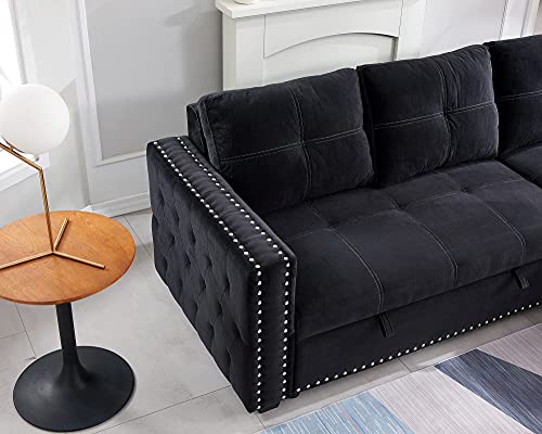 Tmosi Couch with Pull Out Bed, Sleeper Sectional L Shaped Velvet Sofa, 2 Seats Sofa with Reversible Storage Chaise, for Living Room Furniture Set (Black)