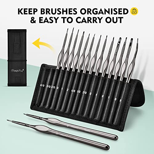 Magicfly Fine Detail Paint Brushes, 15pcs Miniature Paint Brushes Set with Dustproof Nylon Bag, Nylon Hair, Fine Detailing for Acrylic, Oil, Watercolor, Gouache & More