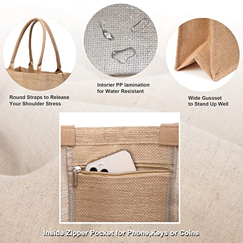BeeGreen 6 Pack Burlap Tote Bags Bulk Laminated Interior W16.5“×H13”×D7.25“ X-Large Jute Tote Beach Bags w Inner Zipper Pocket & Handles for Mother's Day Teacher Bridesmaid Wedding Gift Bags for DIY