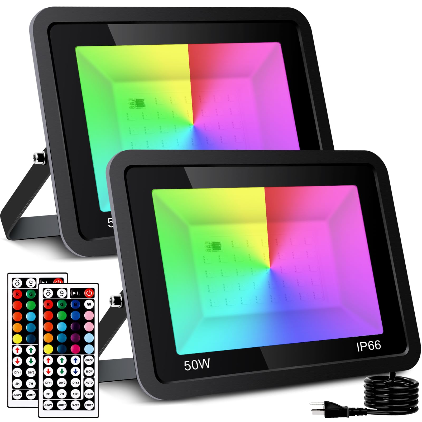LKXDOV RGB LED Flood Light, 500W Equivalent 5000LM Color Changing Party Stage Landscape Lighting with 44-Key Remote Control, IP66 Waterproof DIY Scenes Timing Uplights Indoor Outdoor (2 Pack)