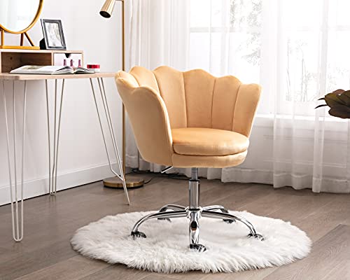CIMOTA Desk Chair Velvet Cute Adjustable Vanity Chair Modern Home Office Chair Scalloped Task Chair with Wheels for Teens Adults Bedroom/Study/Make Up/Computer Room, Yellow