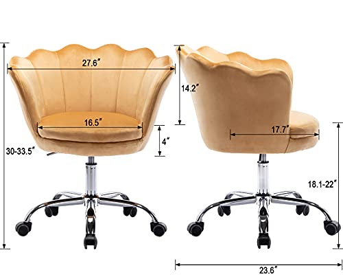 CIMOTA Desk Chair Velvet Cute Adjustable Vanity Chair Modern Home Office Chair Scalloped Task Chair with Wheels for Teens Adults Bedroom/Study/Make Up/Computer Room, Yellow