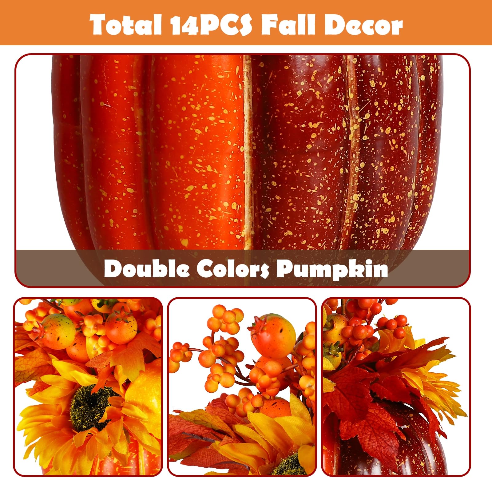 Roseeyo 11 Inch Lighted Pumpkin Decor, Thanksgiving Decorations Artificial Pumpkin with 30 LED Lights 9 Maple Leaves 2 Pumpkins 2 Berry Stems Sunflower Straw, Autumn Pumpkin Home Table Decorations