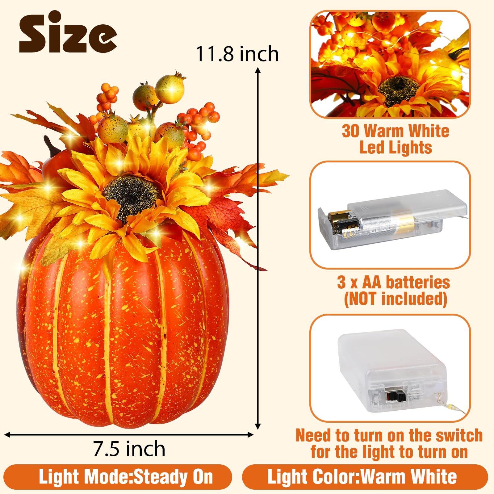 Roseeyo 11 Inch Lighted Pumpkin Decor, Thanksgiving Decorations Artificial Pumpkin with 30 LED Lights 9 Maple Leaves 2 Pumpkins 2 Berry Stems Sunflower Straw, Autumn Pumpkin Home Table Decorations