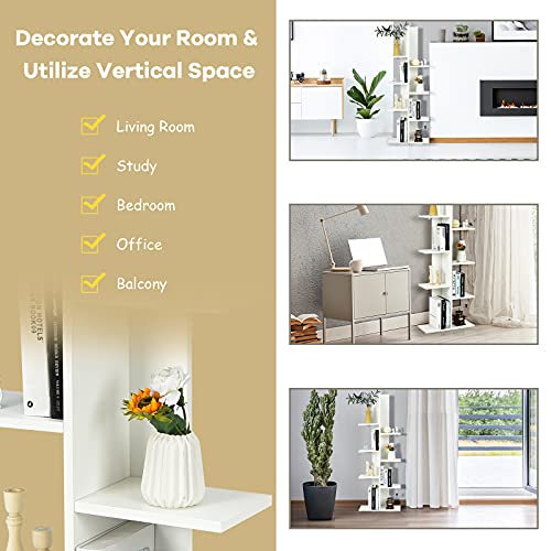 Tangkula 8 Shelf Bookshelf, Wooden Tree Bookcase with 8 Book Shelf, 20”L x 8”W x 55.5”H, Freestanding 8 Tier Storage Display Shelf with Anti-toppling, Corner Shelf for Living Room Home Office (White)