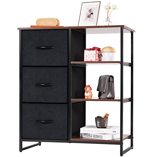 LYNCOHOME 3 Drawer Dresser with Shelves, Storage Cabinet with Drawers, Storage Shelves Nightstands for Bedroom, Livingroom, Office(Right Shelf)