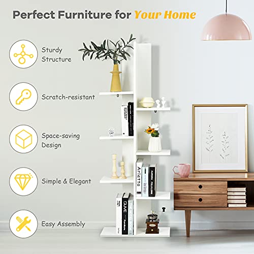 Tangkula 8 Shelf Bookshelf, Wooden Tree Bookcase with 8 Book Shelf, 20”L x 8”W x 55.5”H, Freestanding 8 Tier Storage Display Shelf with Anti-toppling, Corner Shelf for Living Room Home Office (White)