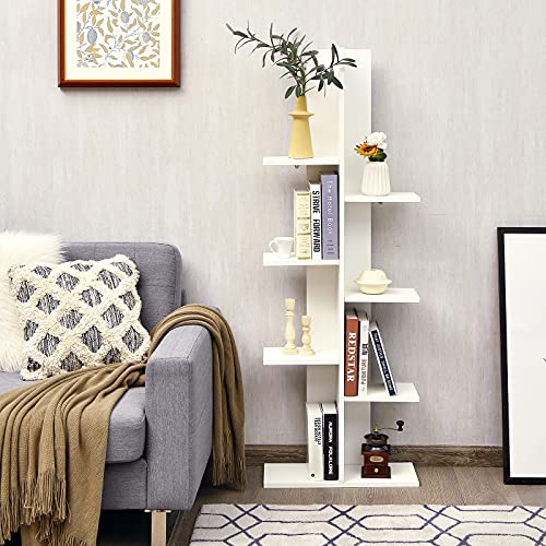 Tangkula 8 Shelf Bookshelf, Wooden Tree Bookcase with 8 Book Shelf, 20”L x 8”W x 55.5”H, Freestanding 8 Tier Storage Display Shelf with Anti-toppling, Corner Shelf for Living Room Home Office (White)