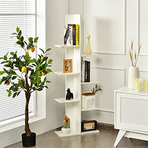 Tangkula 8 Shelf Bookshelf, Wooden Tree Bookcase with 8 Book Shelf, 20”L x 8”W x 55.5”H, Freestanding 8 Tier Storage Display Shelf with Anti-toppling, Corner Shelf for Living Room Home Office (White)