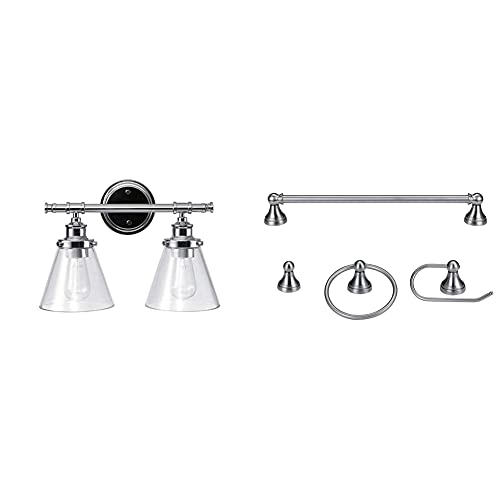 Globe Electric 51412 Parker Vanity Light, 2, Chrome 51228 Jayden 4-Piece All-in-One Bathroom Hardware Set, Brushed Steel, Towel Bar, Toilet Paper Holder, Towel Ring, Robe Hook