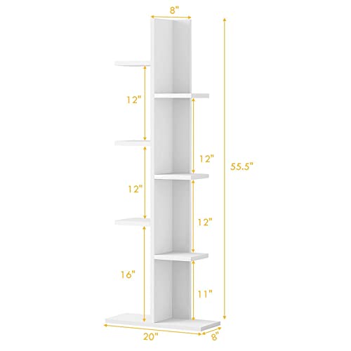 Tangkula 8 Shelf Bookshelf, Wooden Tree Bookcase with 8 Book Shelf, 20”L x 8”W x 55.5”H, Freestanding 8 Tier Storage Display Shelf with Anti-toppling, Corner Shelf for Living Room Home Office (White)