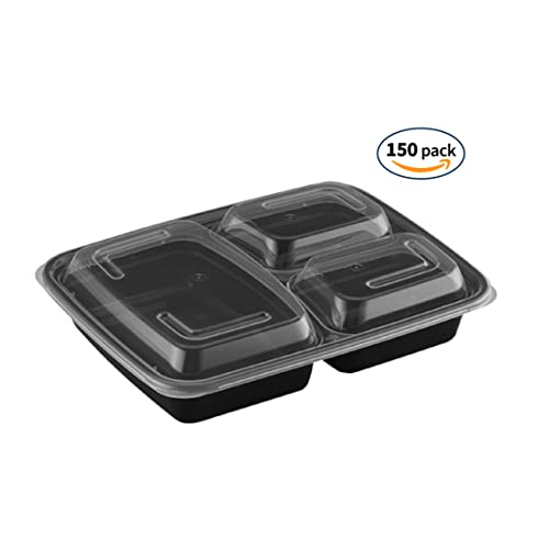 TIYA Takeout Food Containers - 33 oz Bulk 150 Pack with Lids - Plastic Compartment Storage To-Go Boxes - Reusable, Microwavable, Dishwasher Safe - Leak Proof for Restaurants and Meal Prep
