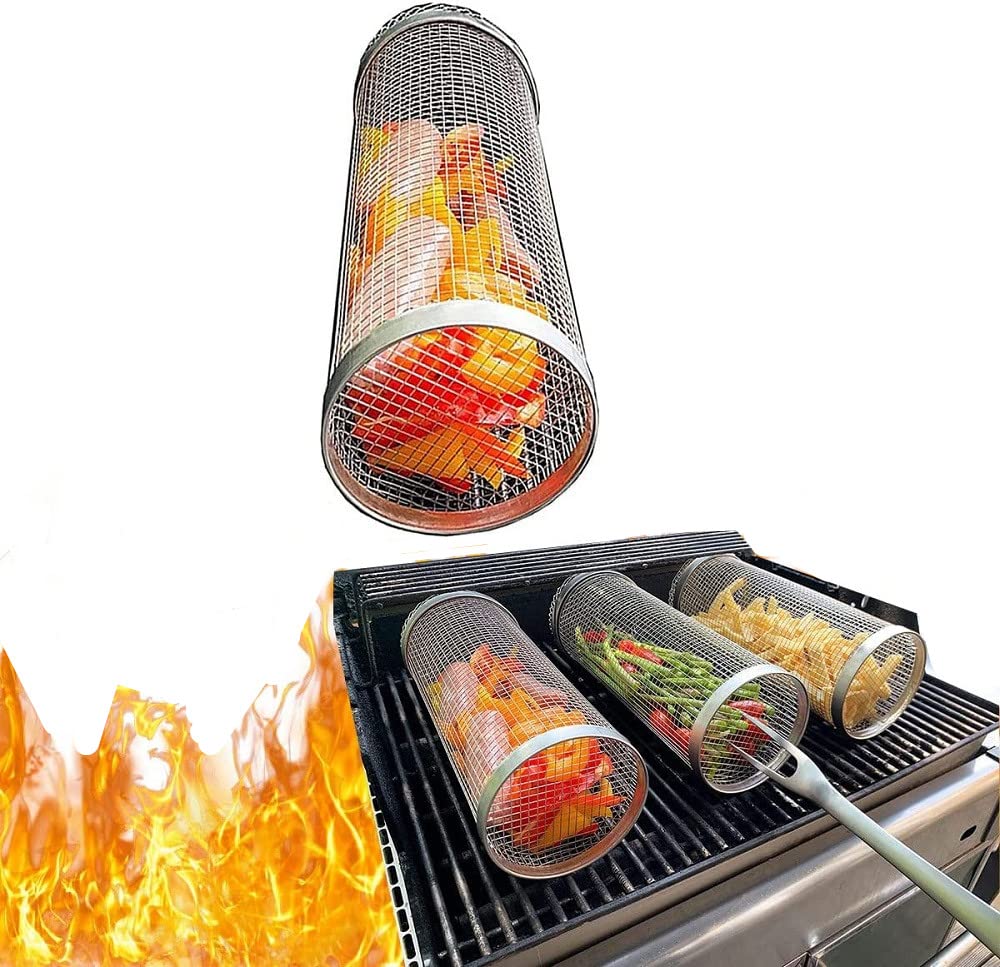 SLEUNFO Rolling Grilling Basket, Stainless Steel BBQ Grill Basket, Outdoor Camping Barbecue Portable Roll Grill Basket, Suitable For Fish, Shrimp, Meat, Vegetables, French Fries (11.8 Inch.)