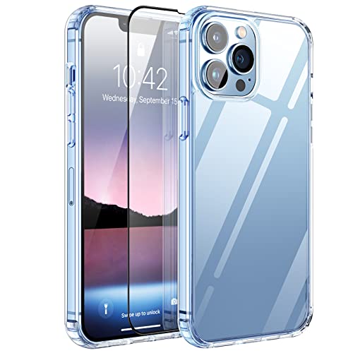restone for iPhone 13 Pro MAX Case with Screen Protector, Clear Slim Hard Back Cover Soft TPU Bumper, Thin Cute Full Body Shockproof Non Yellowing Protective Phone Case for iPhone 13 Promax 6.7" 2021