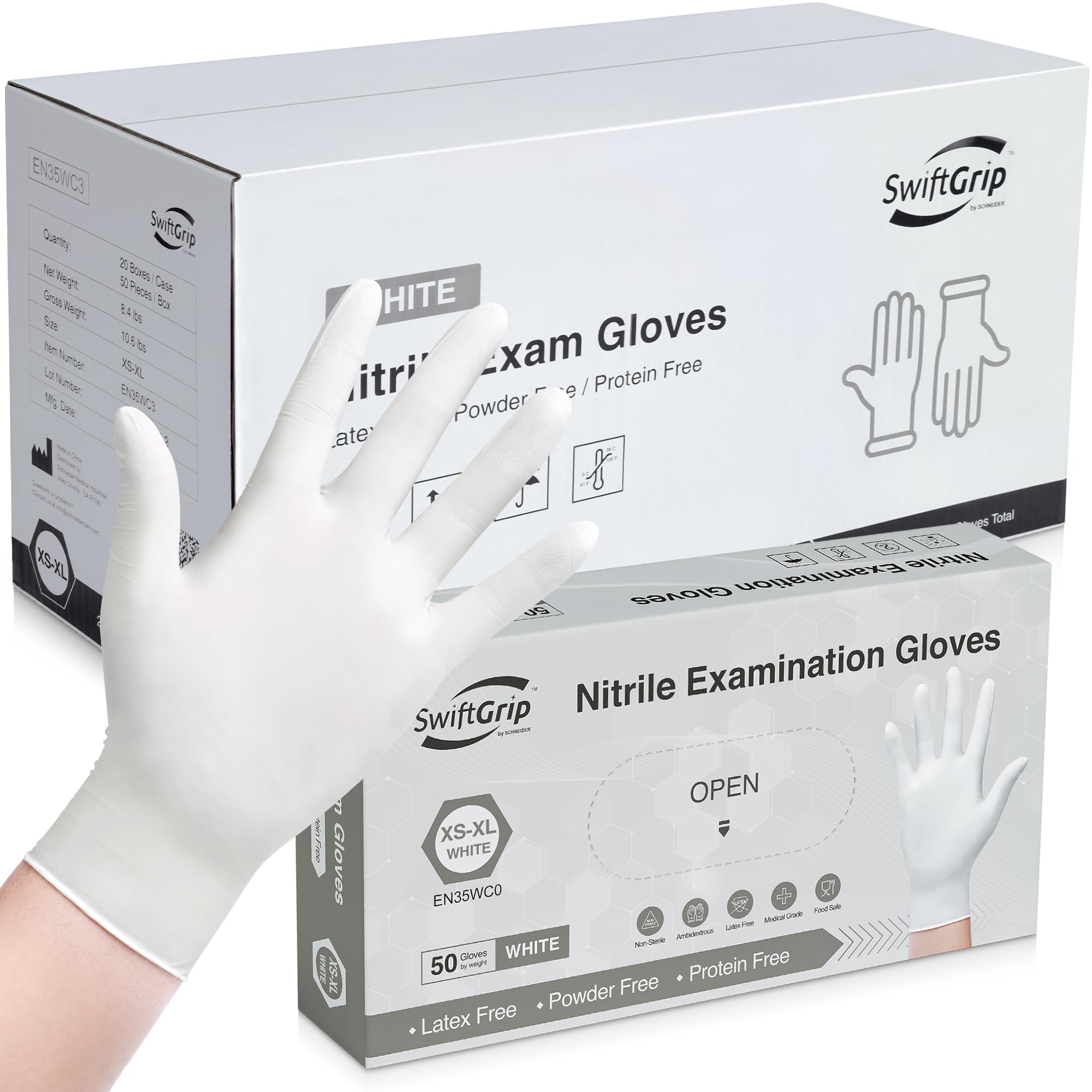 SwiftGrip White Disposable Nitrile Exam Gloves, 3-mil, Small, Case of 1000, Nitrile Gloves Latex Free for Medical, Cleaning, Cooking & Esthetician, Food-Safe, Powder-Free, Non-Sterile