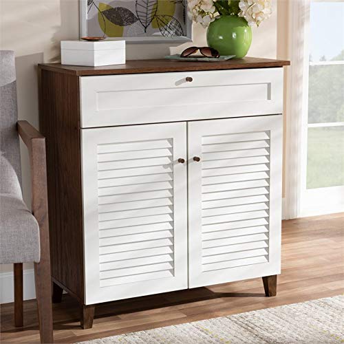 BOWERY HILL Modern and Contemporary White and Walnut Finished 4-Shelf Wood Shoe Storage Cabinet with Drawer