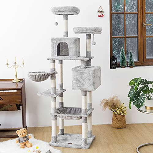 Kilodor Tall Cat Tree, 75inch Cat Tower Multi Level Condo with Large Hammocks, Scratching Posts,Plush Perches Cat Activity Center Light Gray