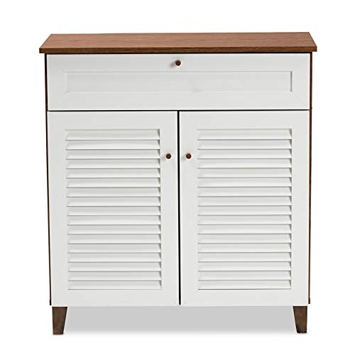 BOWERY HILL Modern and Contemporary White and Walnut Finished 4-Shelf Wood Shoe Storage Cabinet with Drawer
