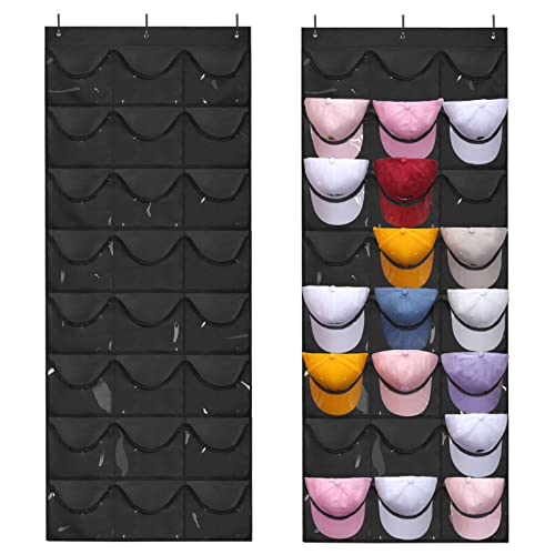 Melpler Hat Rack Hat Organizer,Hat Racks for Baseball Caps,Hat Organizer for Baseball Caps,Hat Storage Organizer with 24 Clear Deep Pockets,Hat Rack for Wall/Door with Door Hooks(Black)