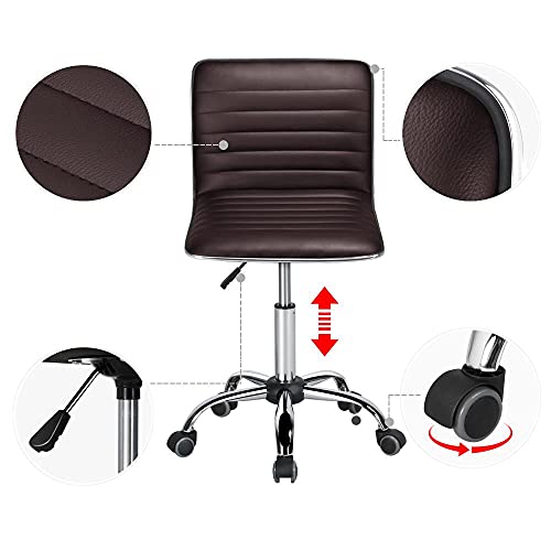Topeakmart Armless Office Chair Task Chair Leather Ribbered Modern Desk Chair Adjustable Low-Back Swivel Chair w/Rolling Wheels Accent Comfy Working Chair Makeup Chair, Brown