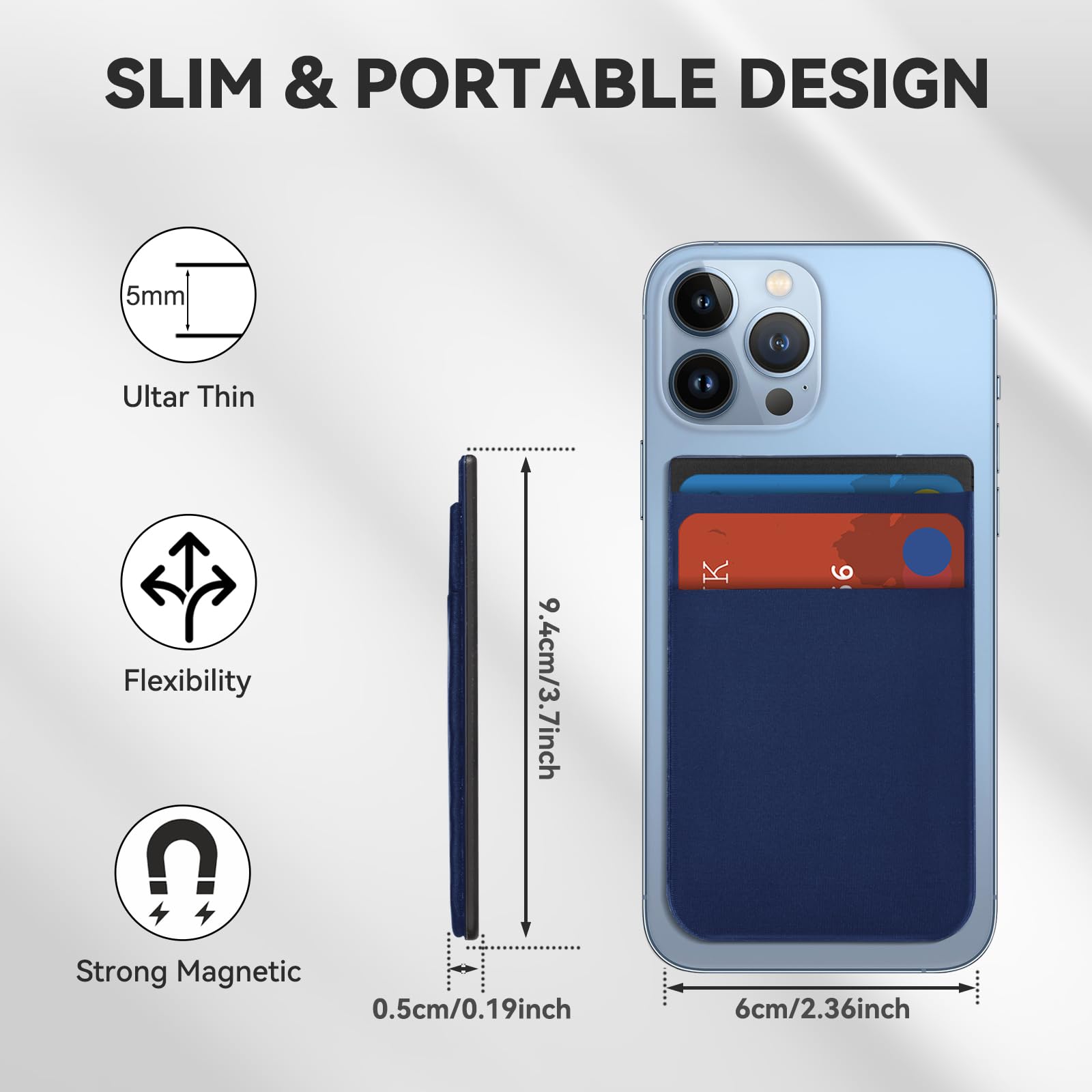 CloudValley Magnetic Card Wallet, Card Holder Case Stick on Phone for iPhone MagSafe Series &All Android Phones with Magnetic,Blue