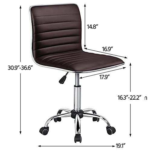 Topeakmart Armless Office Chair Task Chair Leather Ribbered Modern Desk Chair Adjustable Low-Back Swivel Chair w/Rolling Wheels Accent Comfy Working Chair Makeup Chair, Brown